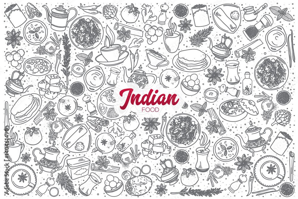 Hand drawn Indian food doodle set background with red lettering in ...