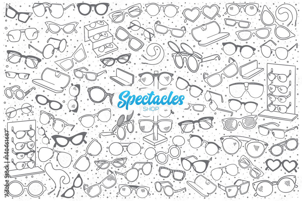 Hand drawn spectacles shop doodle set background with blue lettering in ...