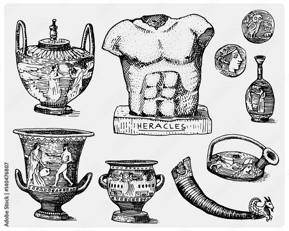 ancient Greece, antique symbols, greek coins, heracles sculpture ...