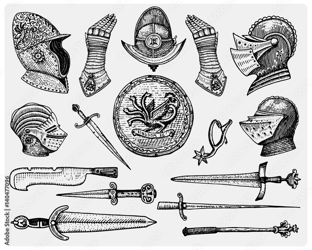 big set medieval symbols, Helmet and gloves, shield with dragon and ...