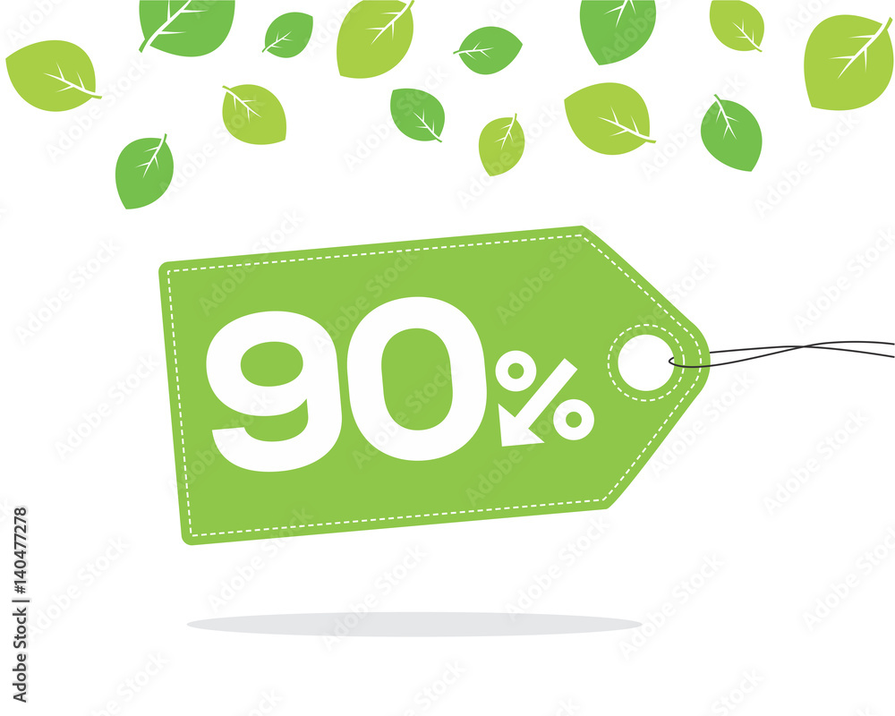 Green price tag label with 90% text designed with an arrow percent icon ...