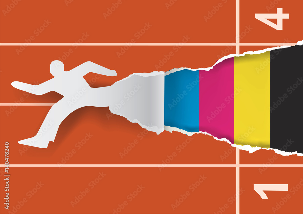 Fast color print concept. Paper silhouette of running man on running ...