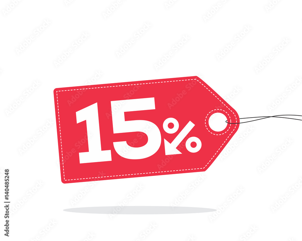 Red price tag label with 15% text designed with an arrow percent icon ...