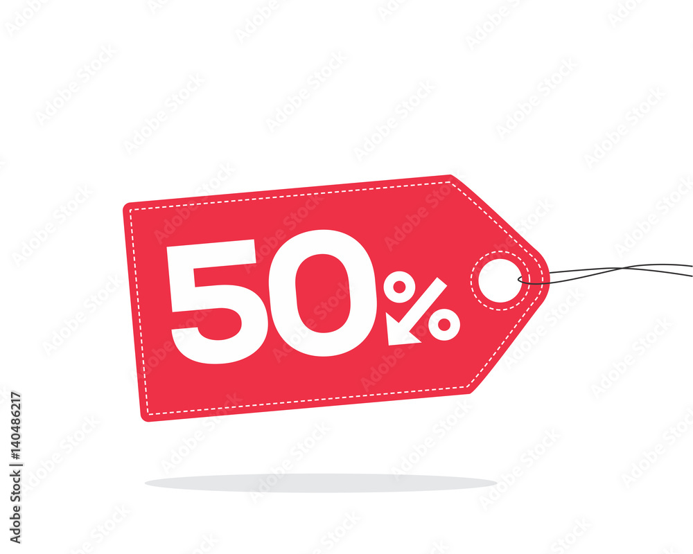 Red price tag label with 50% text designed with an arrow percent icon ...