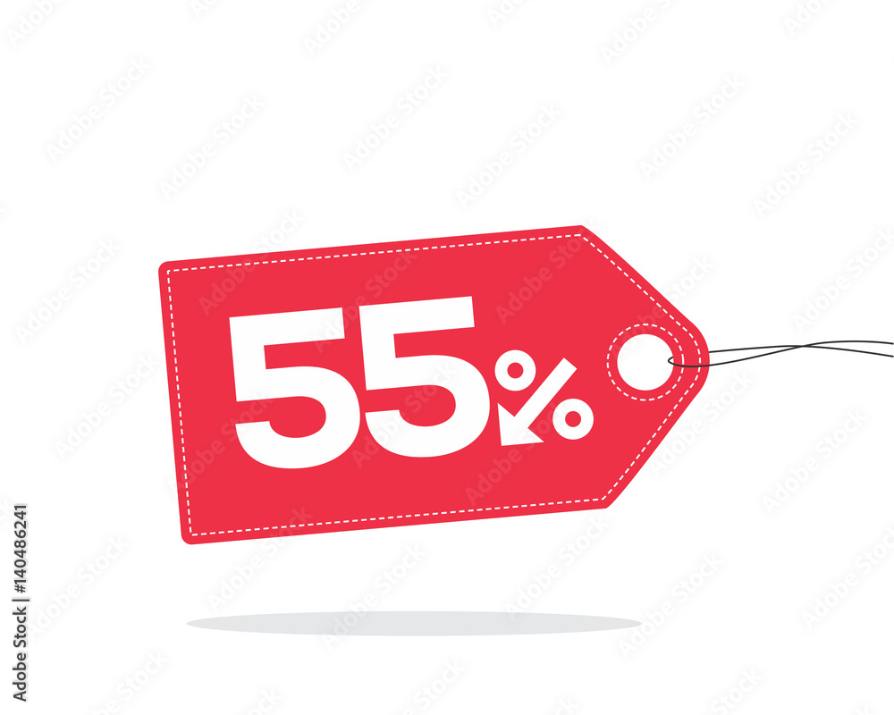 Red price tag label with 55% text designed with an arrow percent icon ...
