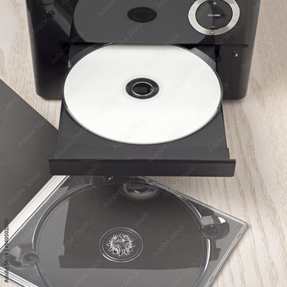 Listen to the music, white cd and black case, audio player. Stock Photo ...