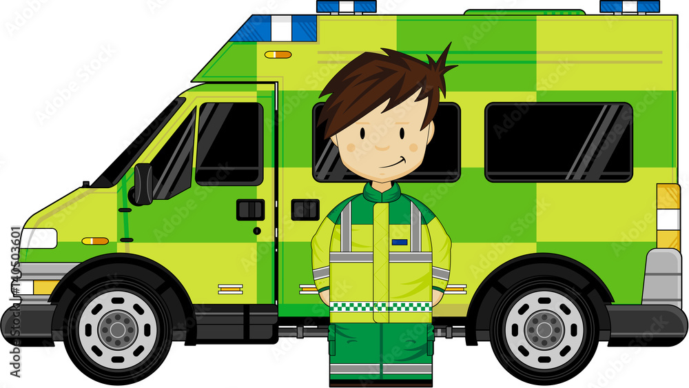 Cute Cartoon Ambulance and EMT Medic Stock Vector | Adobe Stock