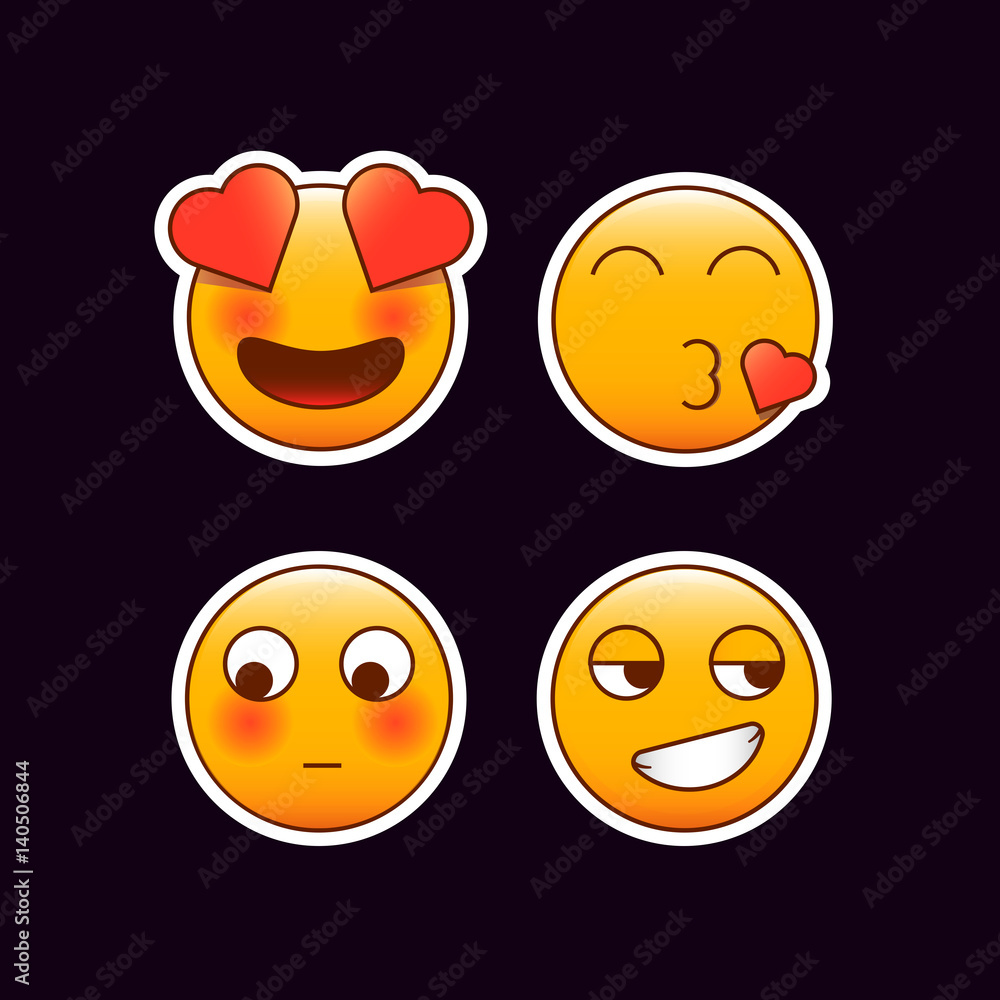Set of Romantic emoji stickers. In love, Heart shaped kiss, shy, flirty ...