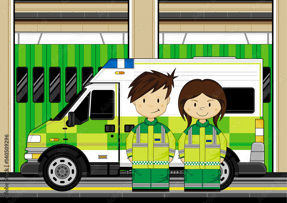 Cute Cartoon Ambulance and EMT Medics Stock Vector | Adobe Stock