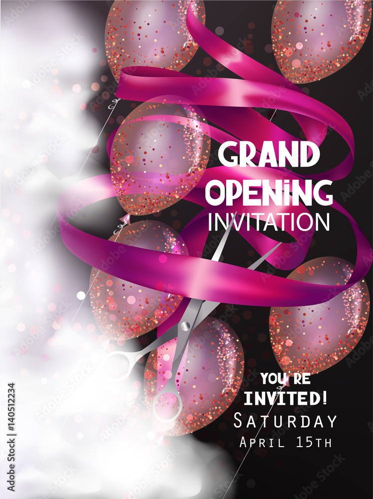 Grand opening background with curly pink ribbon, air balloons, smoke ...