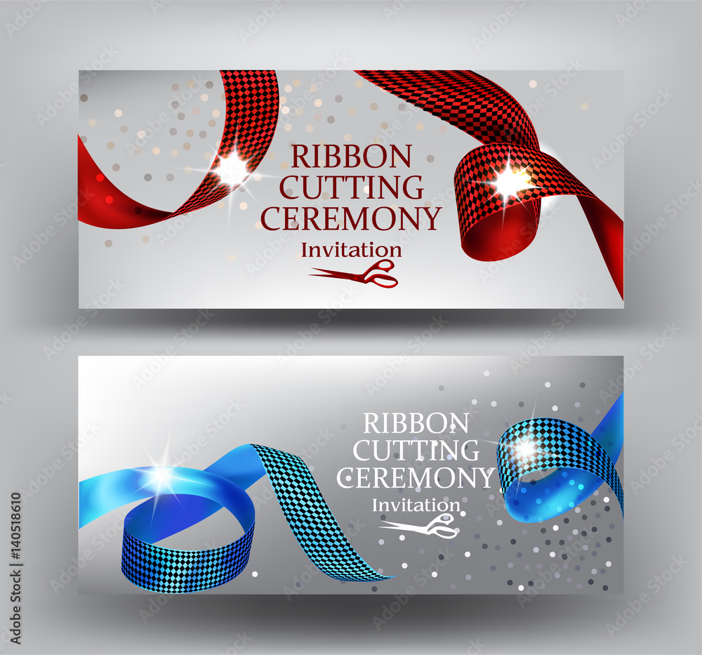 Ribbon cutting ceremony invitation banners with curly red and blue with ...