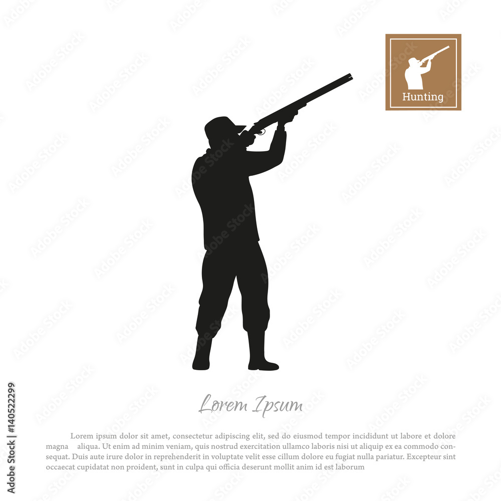 Black silhouette of a hunter on a white background. Man shooting a gun ...