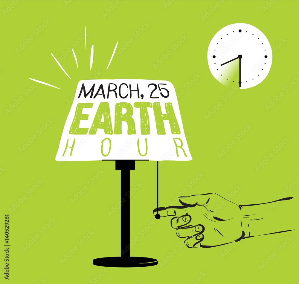 Earth hour poster with hand turning off the light and time clock ...