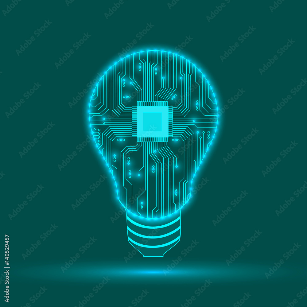 Abstract light bulb. Light in the form of electronic circuits. Icon of ...