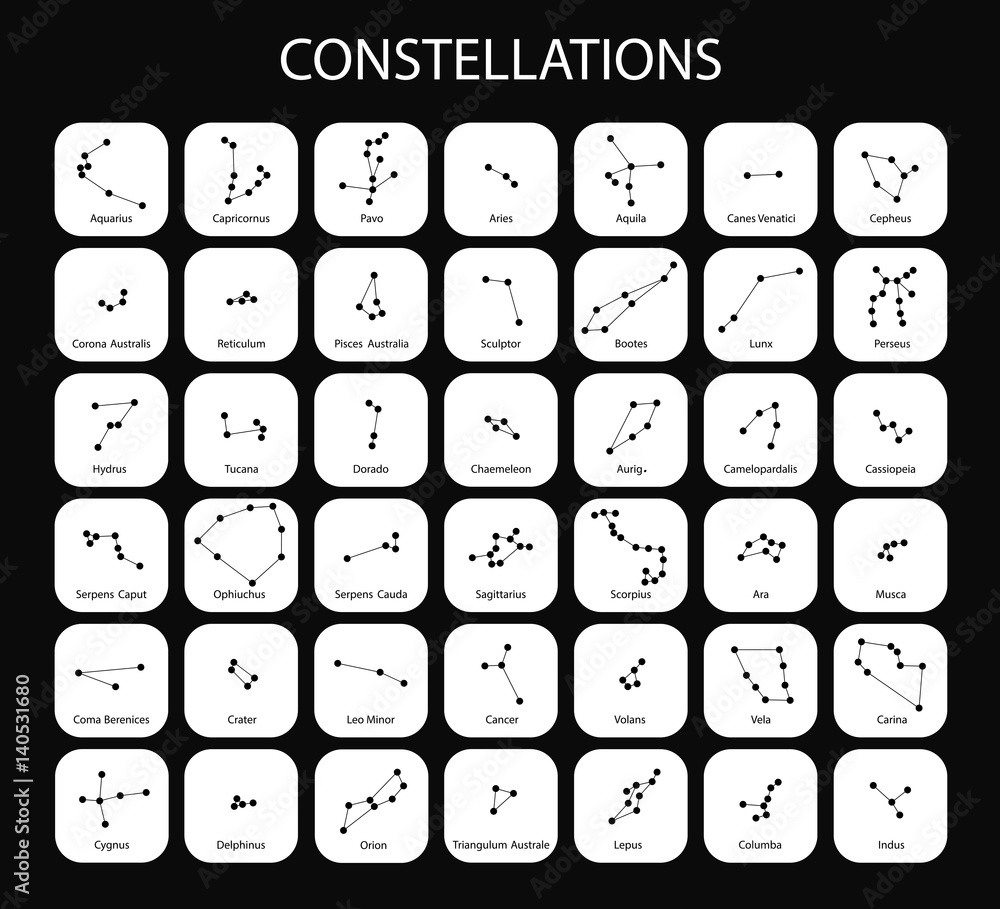 Vector. Constellations of the zodiac signs, constellations, icons. Black signs of the stars on ...