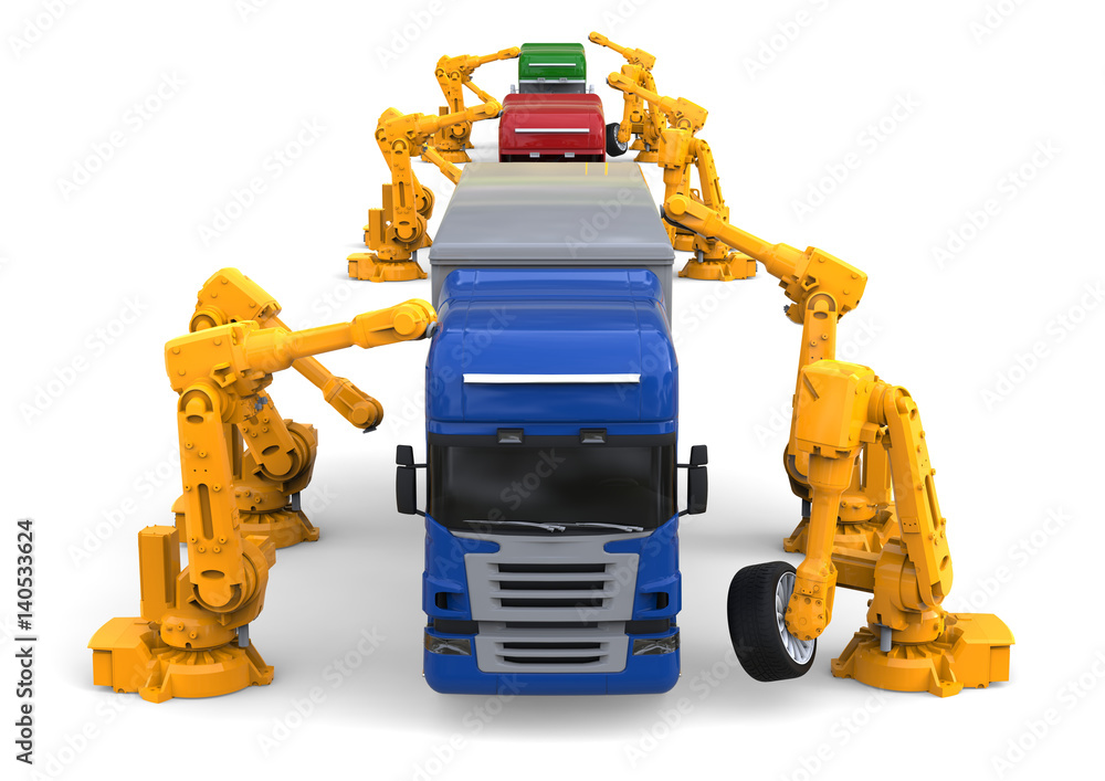 Truck assembly line / 3D render image representing a truck assembly ...