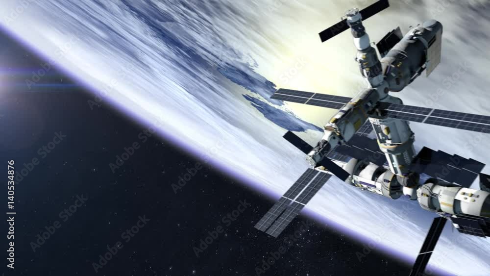 International space station appears in the frame and flies away from ...