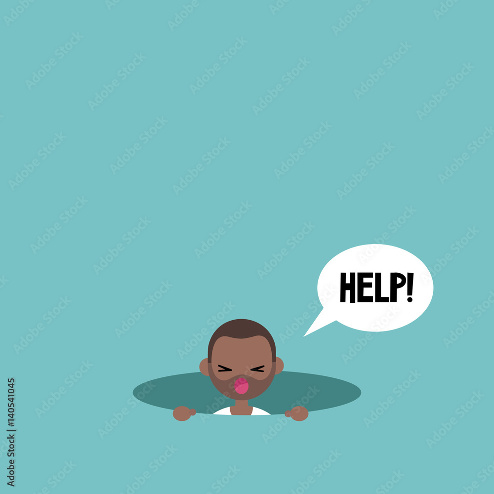 Young black man calling for help in the pit / editable flat vector ...