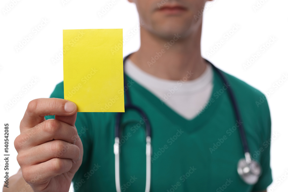 Doctor showing yellow card to patient. Health care concept ...