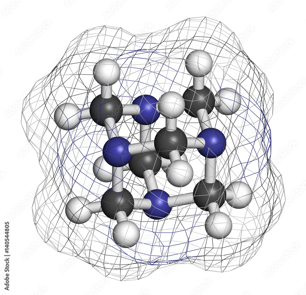 Methenamine molecule. Uses as an antiseptic drug and in solid fuel ...