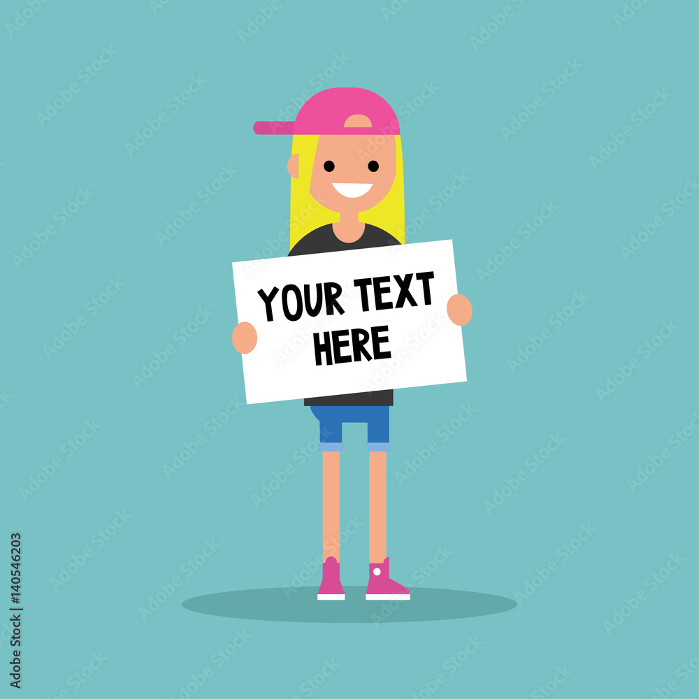 Your text here. Young blond girl holding a sheet of paper / editable ...