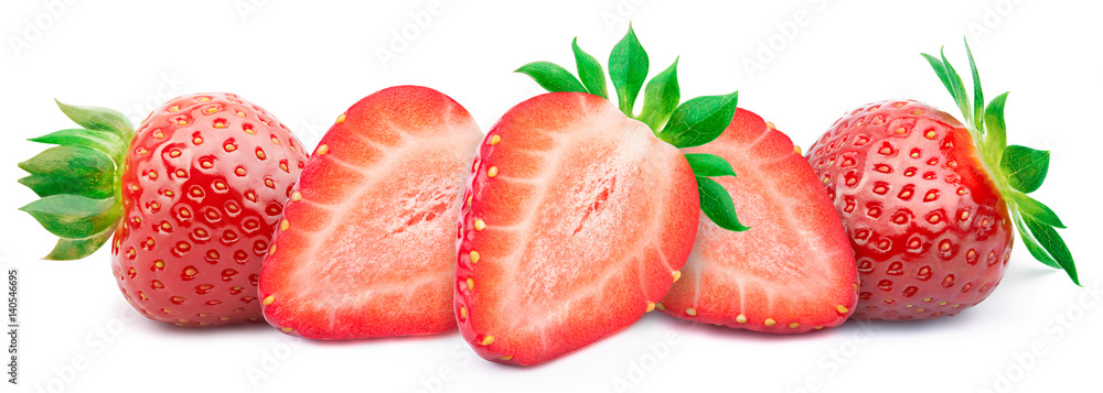 Five ripe strawberries with slices in a line with green leaves isolated ...