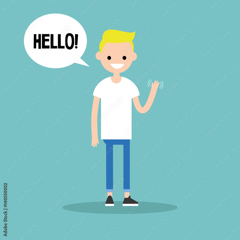 Friendly blond boy saying "Hello" and waving hand / editable vector ...