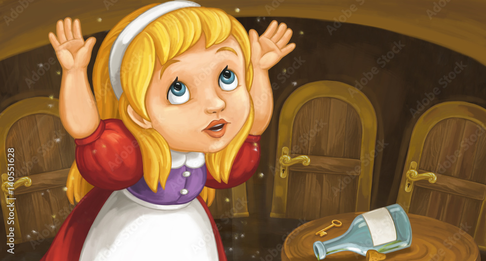 cartoon scene with very big girl in too small room near the table with ...