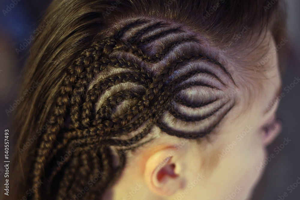 Drawings of braids on the head, shaved temple, beauty salon hairdresser ...