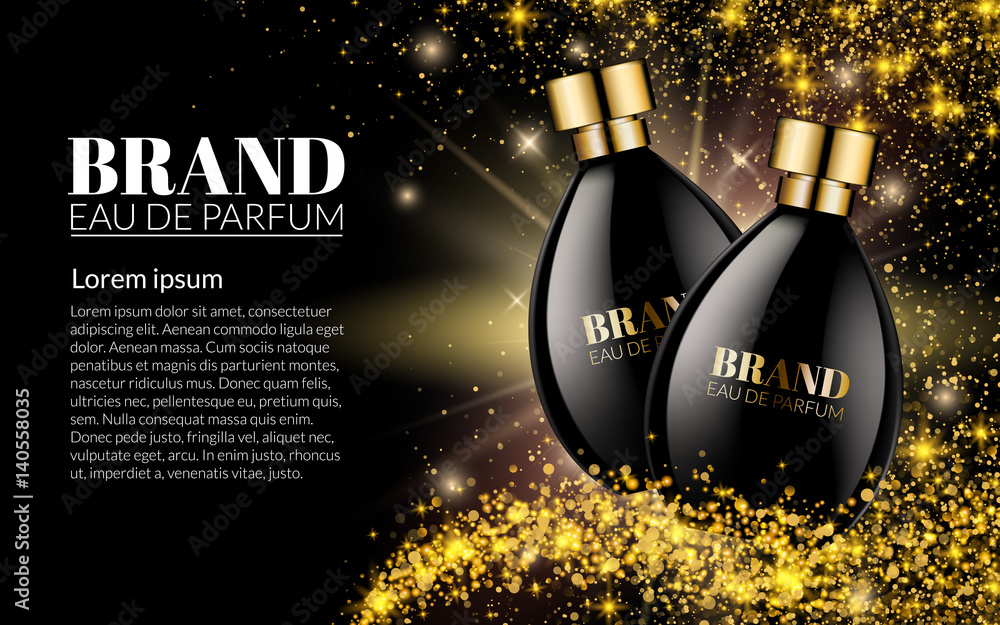 Beautiful Black Bottle Womens Perfume Products With on golden glitter ...