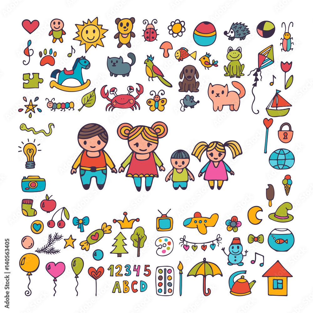 Family. Collection of hand drawn cute doodles. Sketch set of drawings ...