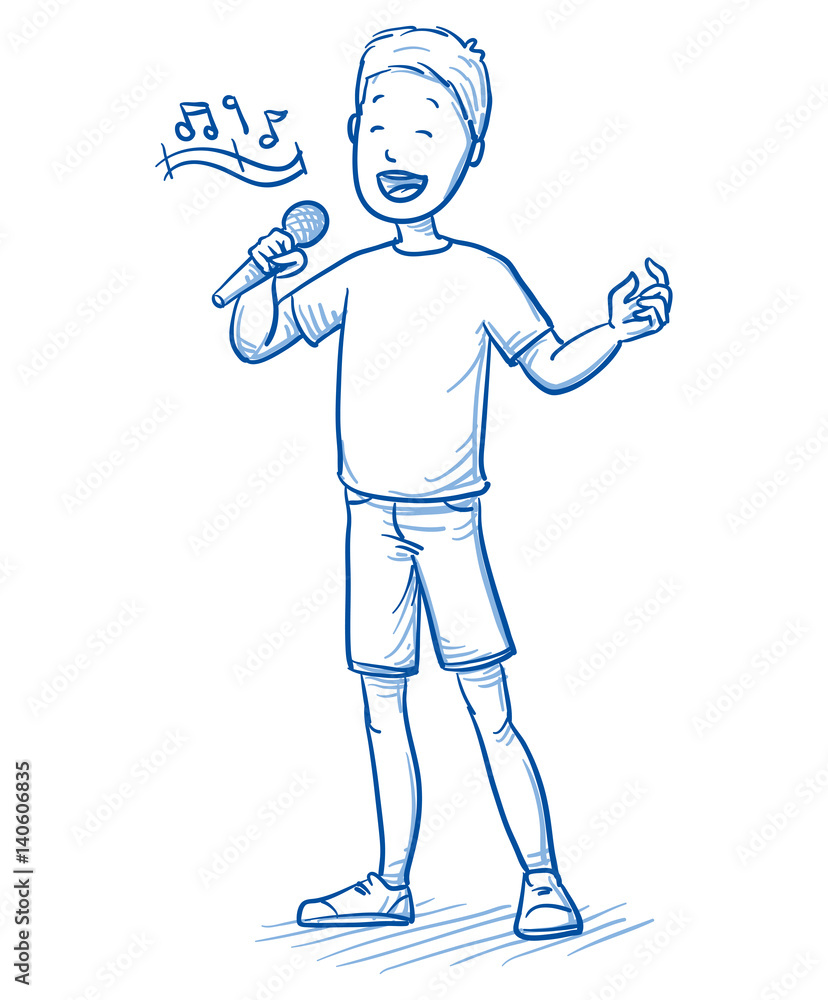 Happy young boy singing a song with a microphone in his hand. Hand ...