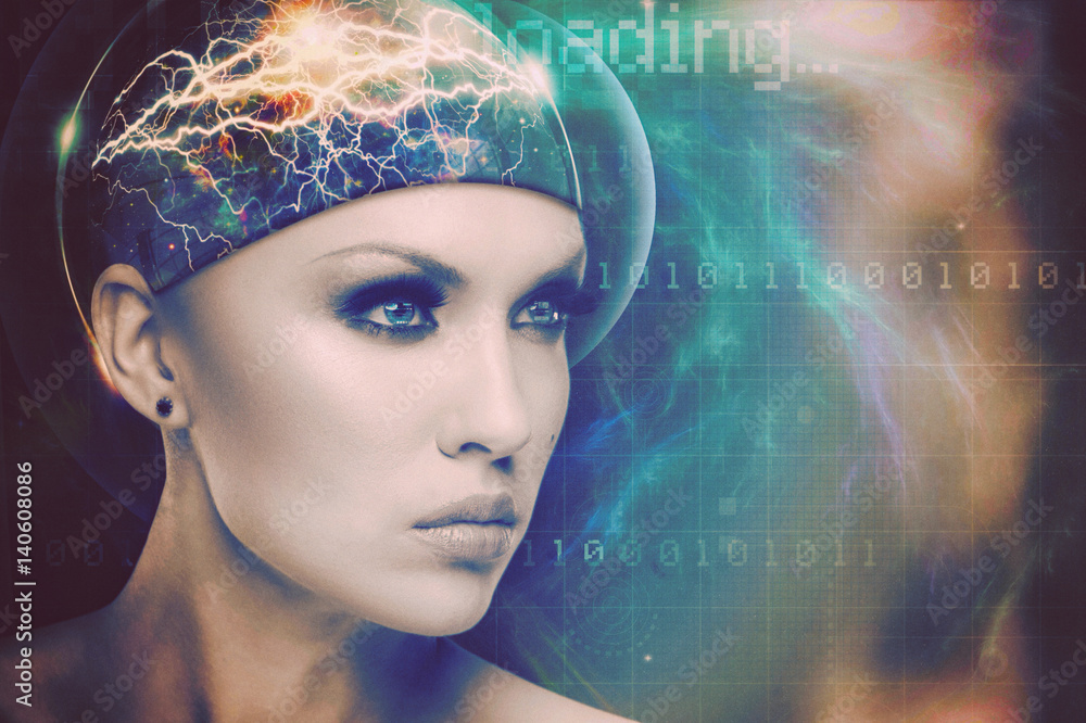 Abstract science and technology background with human face and graphs ...