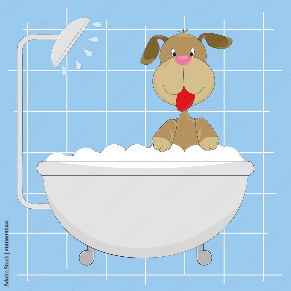 Cute little dog in the shower. Stock Vector | Adobe Stock