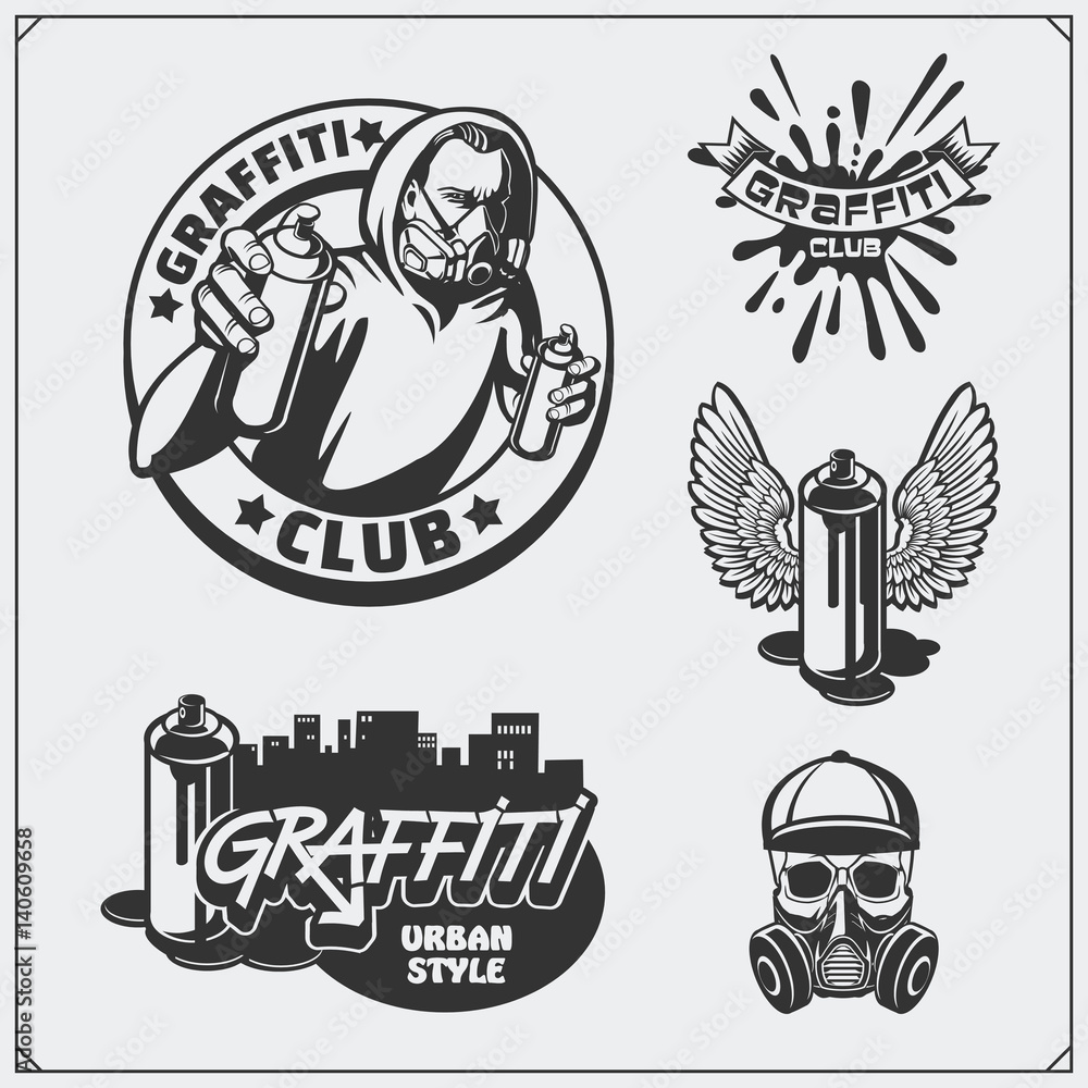 Set of graffiti school and street art labels, badges, emblems and ...
