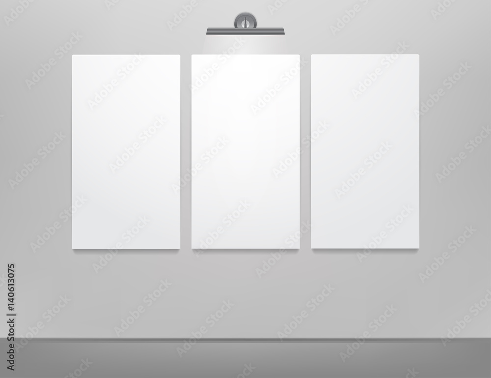 Triptych template. Three clean vertical canvases on a gray wall. Use ...