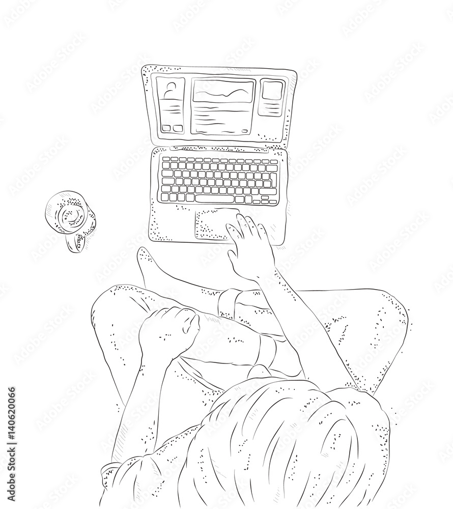Human with laptop at home, sitting on the floor. Hand drawn contour ...