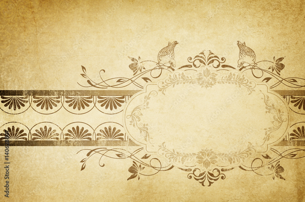Old yellowed paper background with vintage frame. Grunge and vintage ...