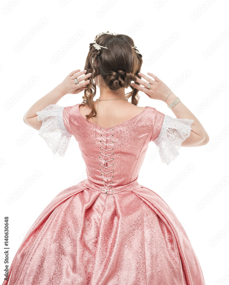 Beautiful woman in old historic medieval dress. Back pose Stock Photo ...