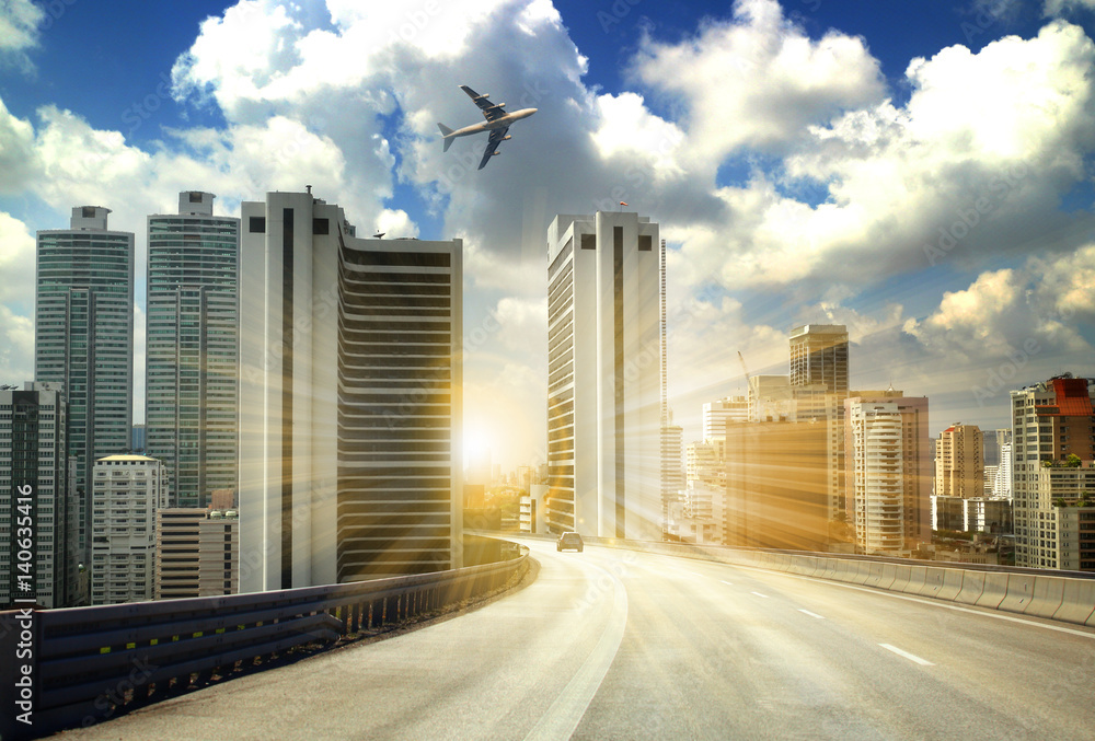 city road through modern buildings or modern office building background ...