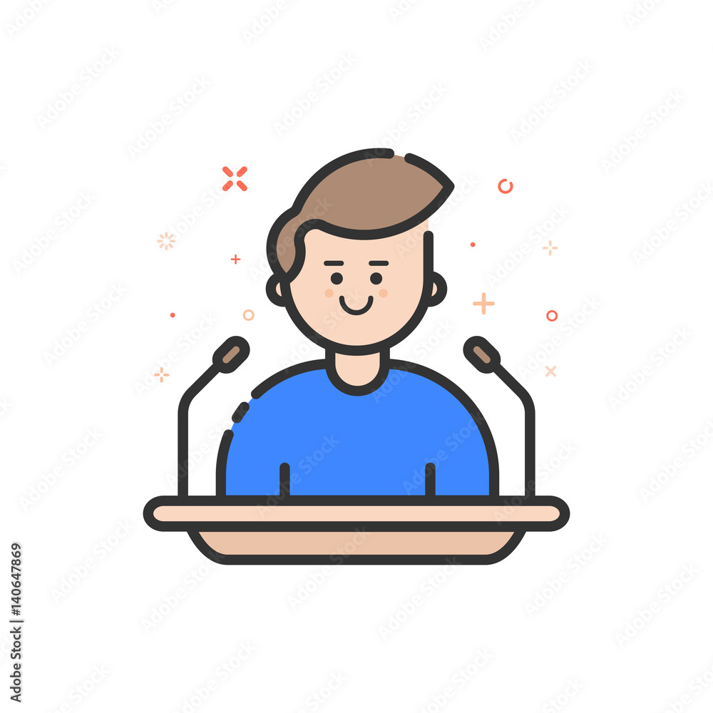 Vector illustration in flat bold outline style with boy - orator ...