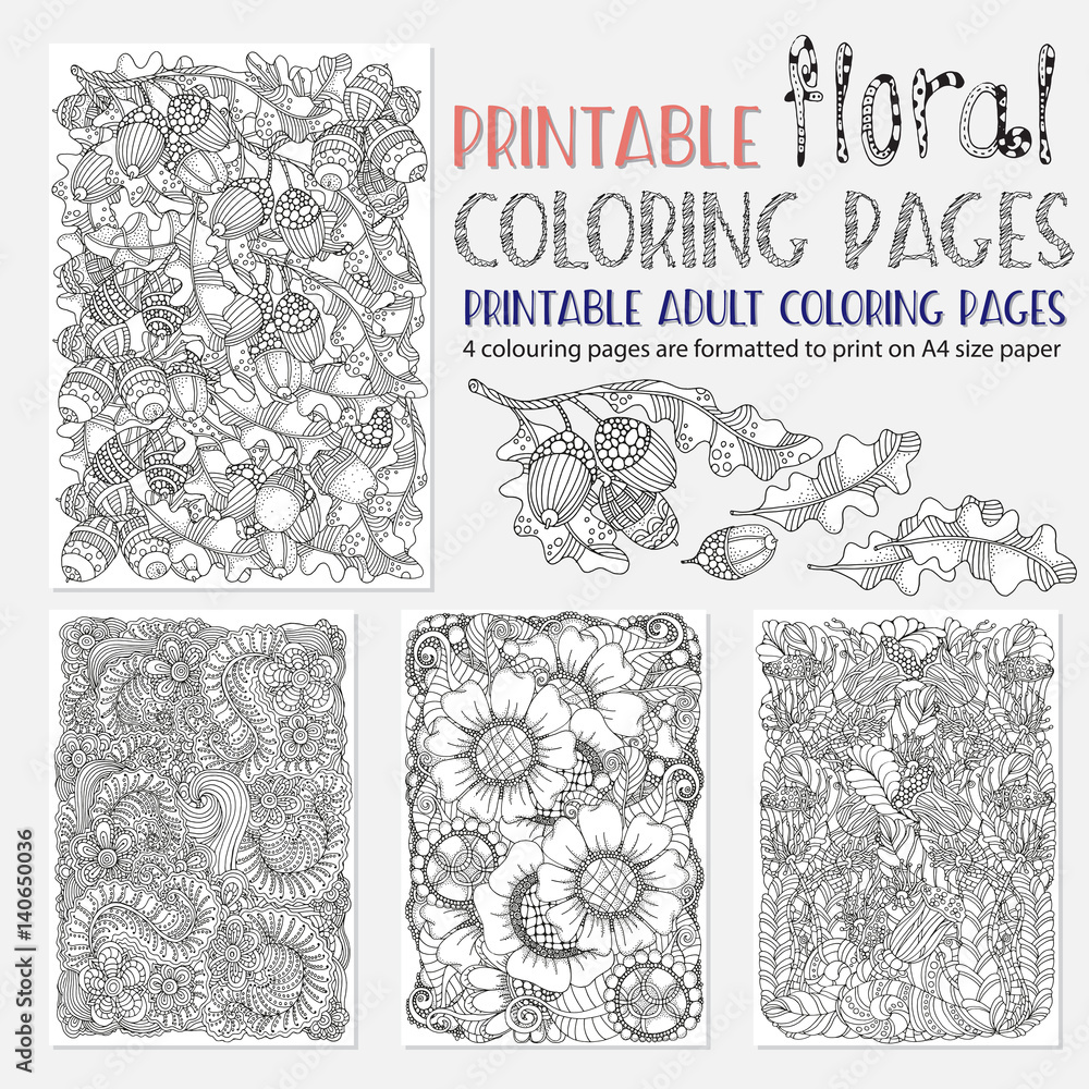 Set of printable adult coloring pages. Stock Vector | Adobe Stock