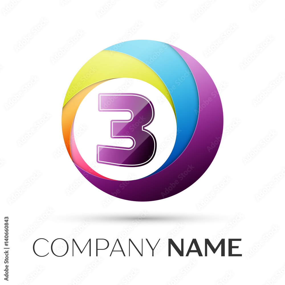 Number three vector logo symbol in the colorful circle on grey ...