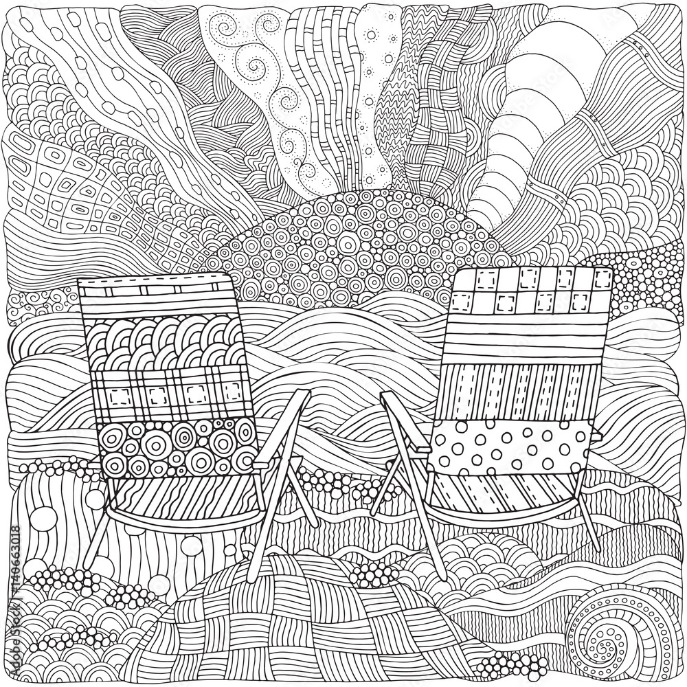 Two deckchairs on a beach, facing out to sea. Coloring book page for ...