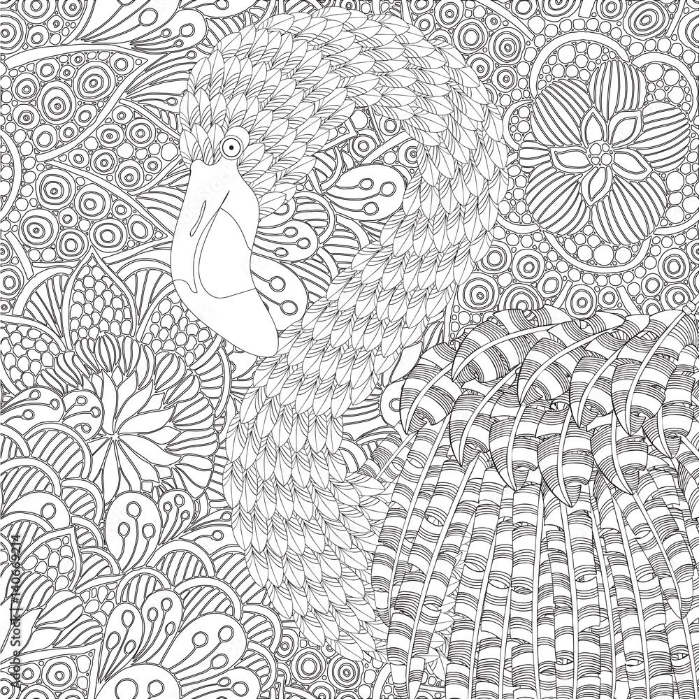 Fantastical Bird coloring book. Amazing flamingo with feathers and ...
