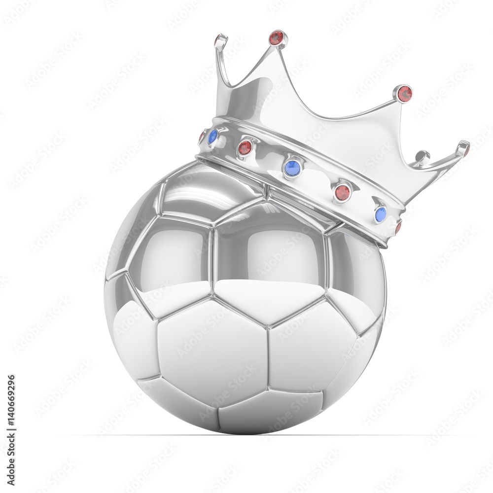 Silver soccer ball with silver crown on white background. 3D rendering ...