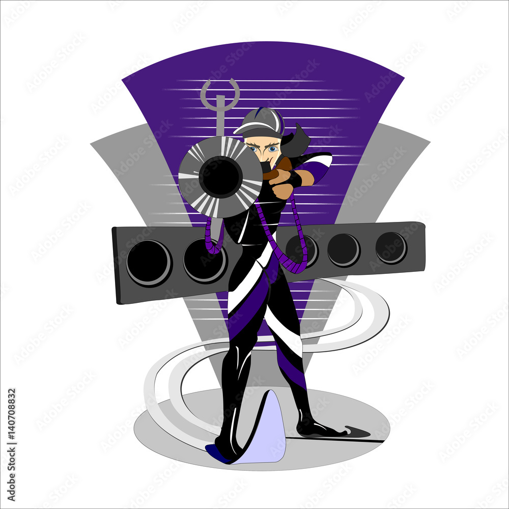 Winter sports - Biathlon. Cartoon biathlete shoots a rifle standing on ...