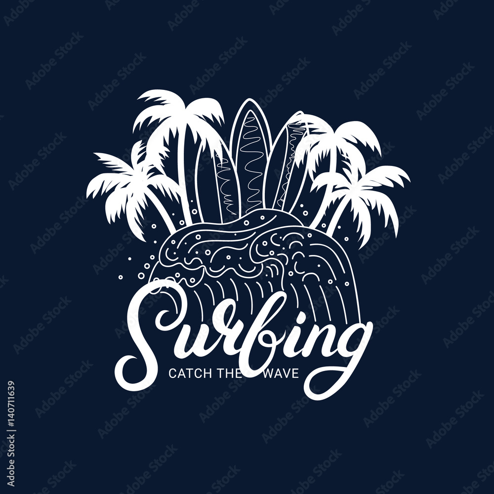 Surfing hand written lettering with palms, surfboards and wave. Stock ...