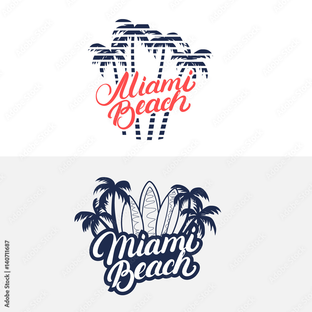 Miami Beach hand written lettering with palms and surfboards for tee ...