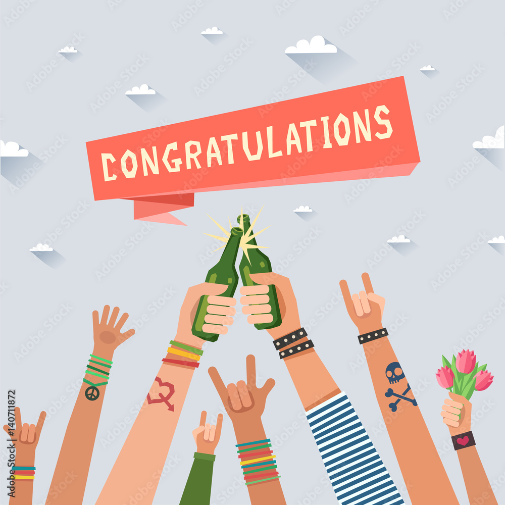 Youth crowd hands toasting with beer with ribbon Congratulations Stock ...